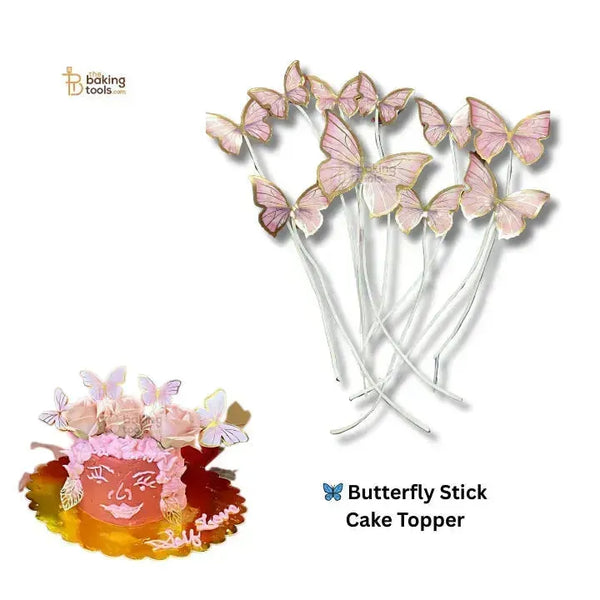 🦋 Butterfly Stick Cake Topper - Pink with Golden Border