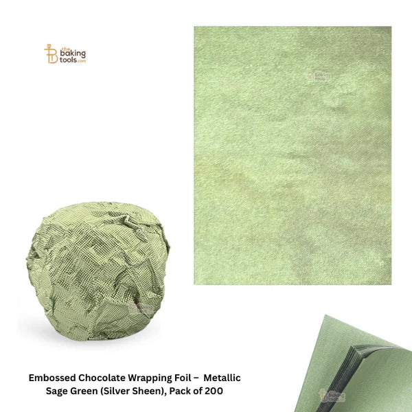 Embossed Chocolate Wrapping Foil – Metallic Sage Green (Silver Sheen),