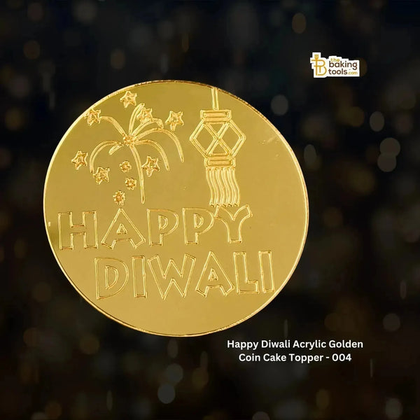 Happy Diwali Charms Acrylic Golden Coin Cake Topper - 004