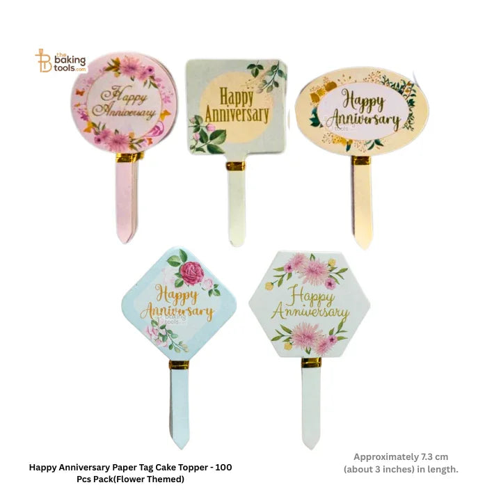 Flower Theme Happy Anniversary Paper Tag Cake Topper 100 Pcs