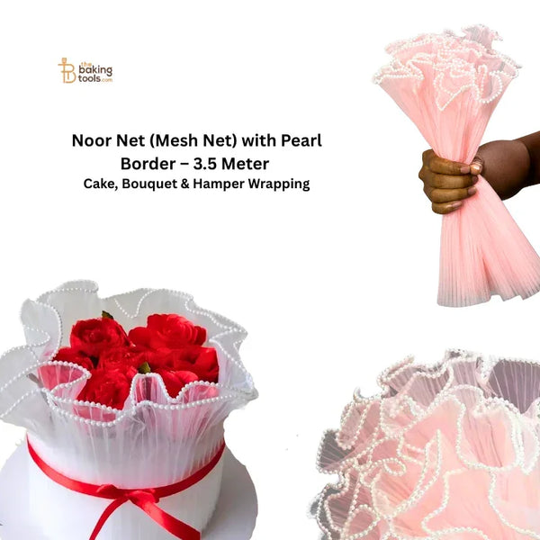 Pink Noor Net (Mesh Net) with Pearl Border – 3.5m